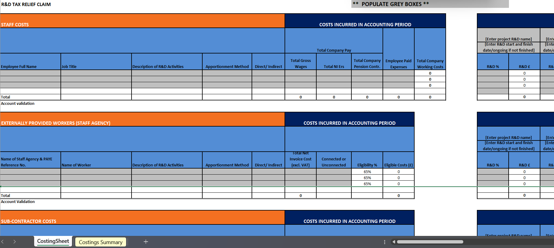R&D Technical Report Template and Costing Spreadsheet
